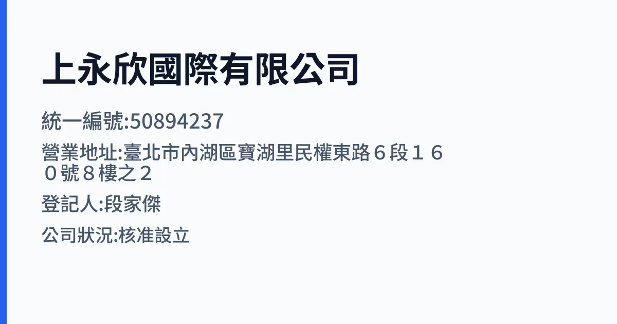 上永欣國際有限公司 - 統編 50894237(臺北市) 公司登記資料與營業項目詳細圖表