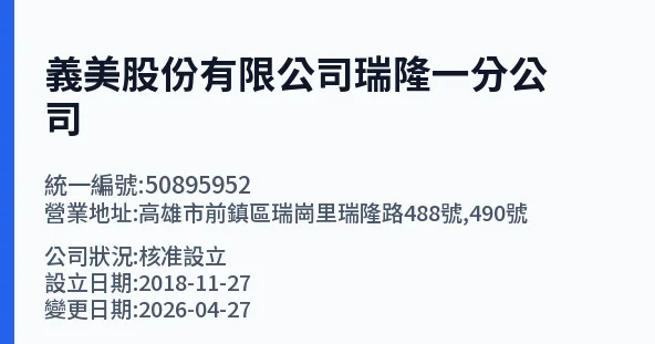 義美股份有限公司瑞隆一分公司的照片-統編 50895952(高雄市) 公司登記資料與營業項目詳細圖表