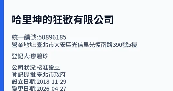 哈里坤的狂歡有限公司的照片-統編 50896185(臺北市) 公司登記資料與營業項目詳細圖表