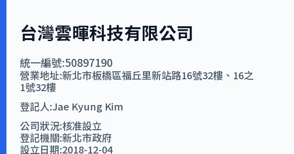 台灣雲暉科技有限公司的照片-統編 50897190(新北市) 公司登記資料與營業項目詳細圖表