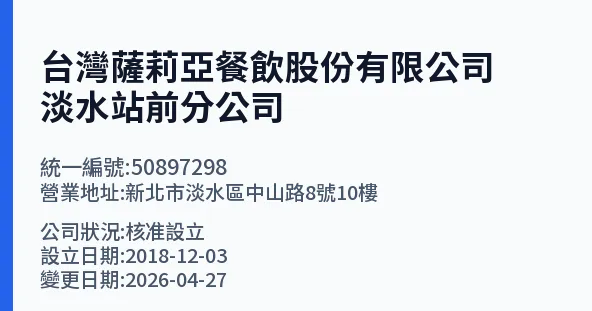 台灣薩莉亞餐飲股份有限公司淡水站前分公司的照片-統編 50897298(新北市) 公司登記資料與營業項目詳細圖表