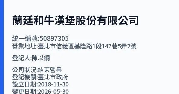 蘭廷和牛漢堡股份有限公司的照片-統編 50897305(臺北市) 公司登記資料與營業項目詳細圖表