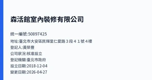 森活館室內裝修有限公司的照片-統編 50897425(臺北市) 公司登記資料與營業項目詳細圖表