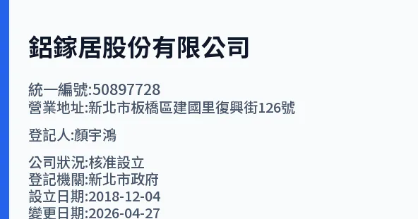 鋁鎵居股份有限公司的照片-統編 50897728(新北市) 公司登記資料與營業項目詳細圖表