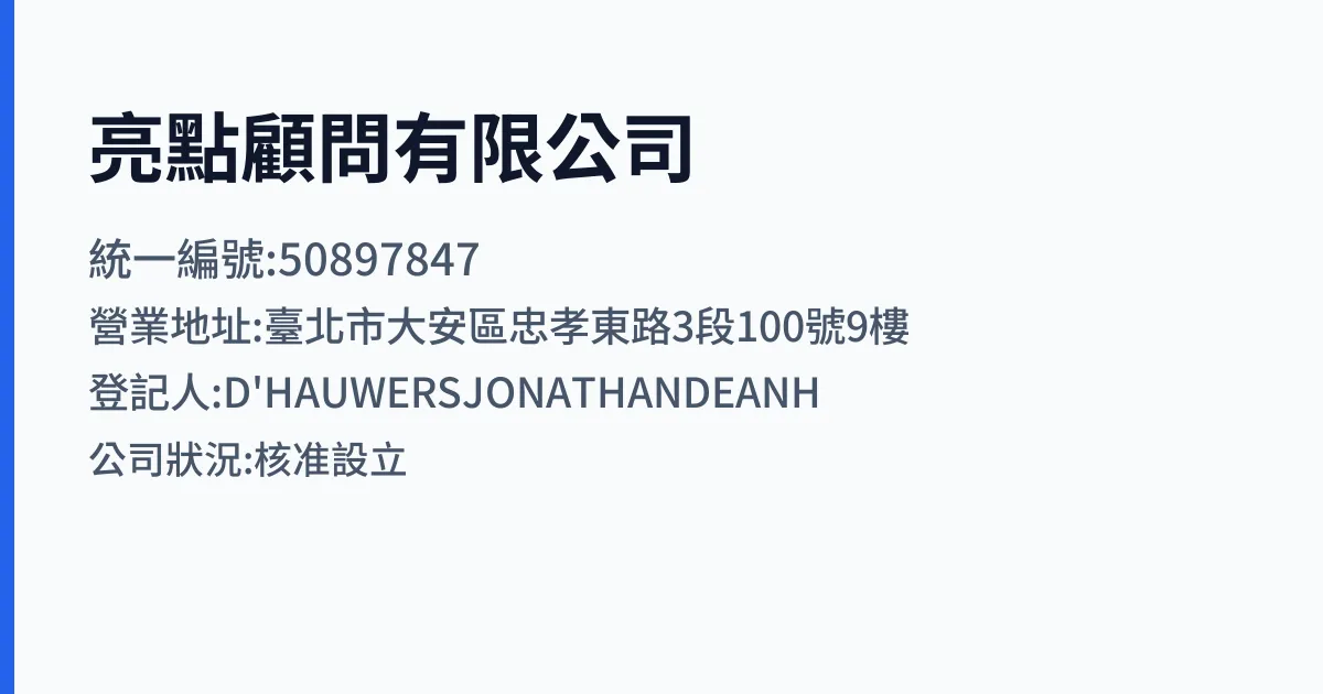 亮點顧問有限公司 - 統編 50897847(臺北市) 公司登記資料與營業項目詳細圖表