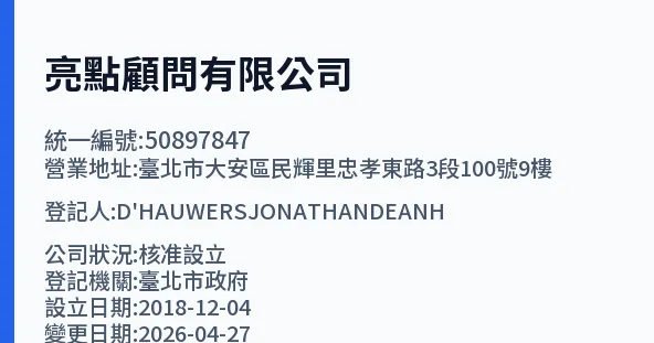 亮點顧問有限公司的照片-統編 50897847(臺北市) 公司登記資料與營業項目詳細圖表