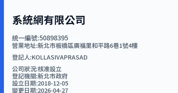 系統網有限公司的照片-統編 50898395(新北市) 公司登記資料與營業項目詳細圖表