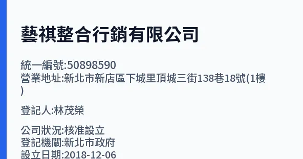 藝祺整合行銷有限公司的照片-統編 50898590(新北市) 公司登記資料與營業項目詳細圖表
