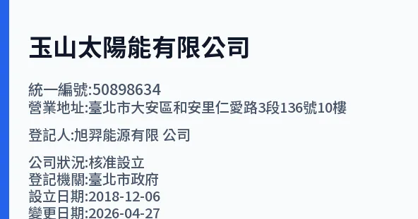 玉山太陽能有限公司的照片-統編 50898634(臺北市) 公司登記資料與營業項目詳細圖表