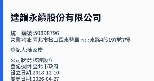達韻永續股份有限公司的照片-統編 50898796(臺北市) 公司登記資料與營業項目詳細圖表