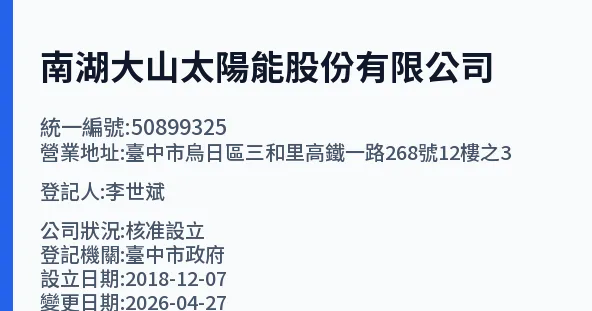 南湖大山太陽能股份有限公司的照片-統編 50899325(臺中市) 公司登記資料與營業項目詳細圖表