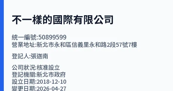 不一樣的國際有限公司的照片-統編 50899599(新北市) 公司登記資料與營業項目詳細圖表