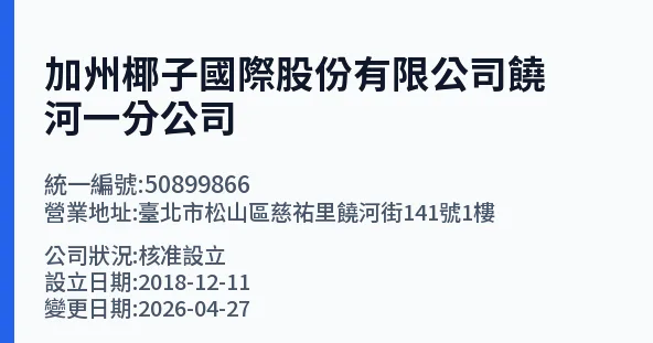 加州椰子國際股份有限公司饒河一分公司的照片-統編 50899866(臺北市) 公司登記資料與營業項目詳細圖表