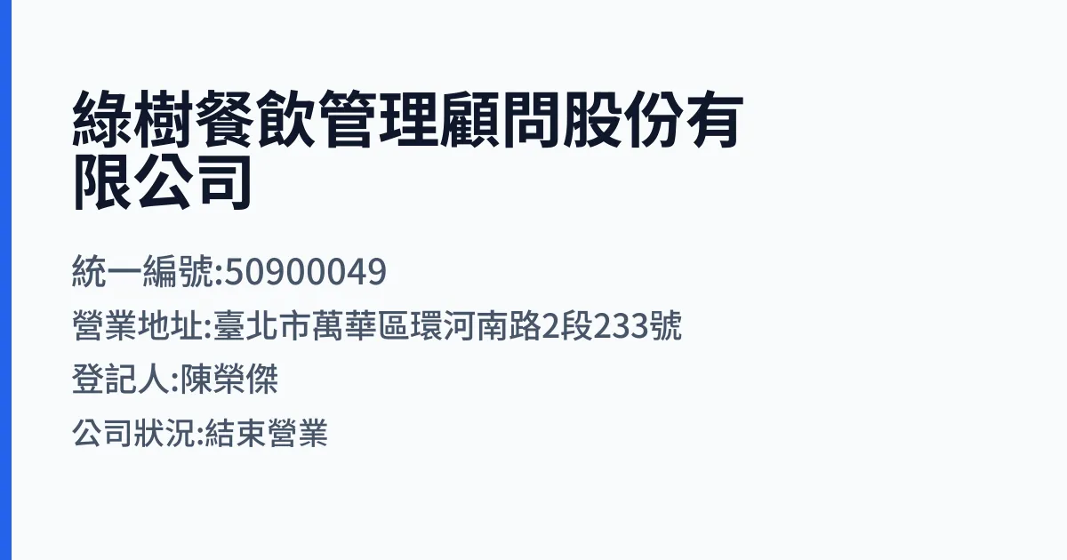 綠樹餐飲管理顧問股份有限公司 - 統編 50900049(臺北市) 公司登記資料與營業項目詳細圖表