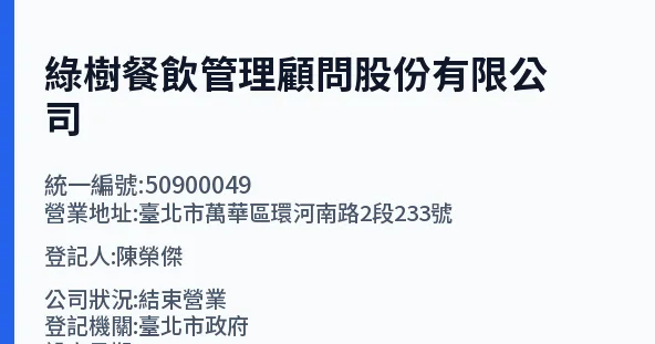 綠樹餐飲管理顧問股份有限公司的照片-統編 50900049(臺北市) 公司登記資料與營業項目詳細圖表