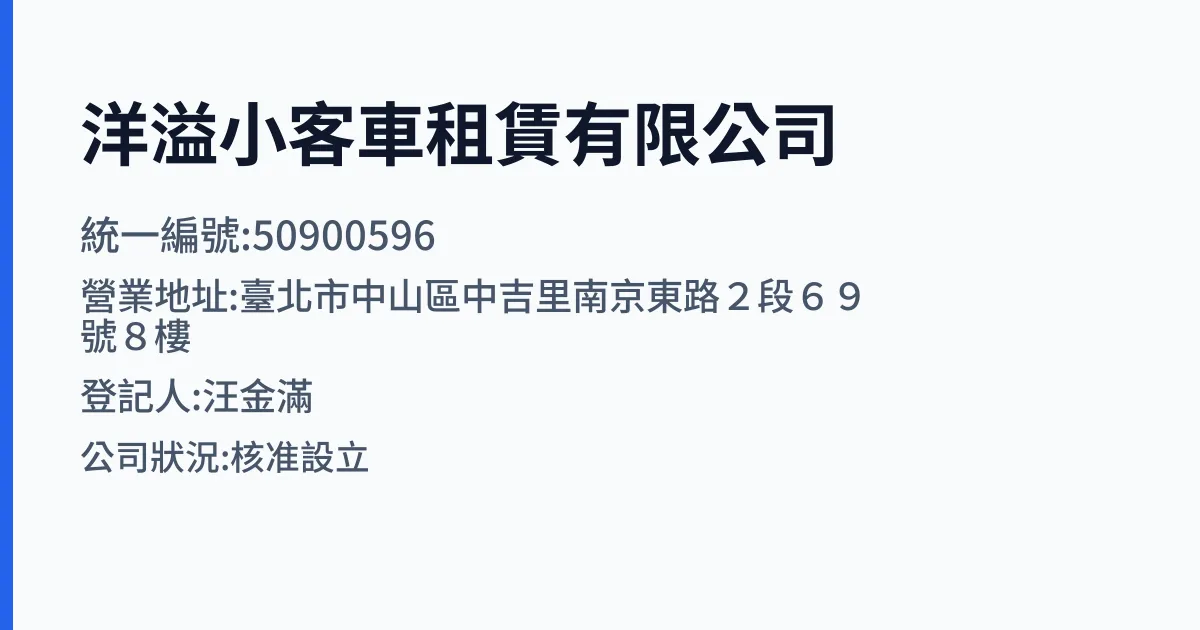 洋溢小客車租賃有限公司 - 統編 50900596（臺北市） 公司登記資料與營業項目詳細圖表