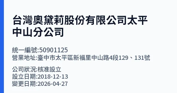 台灣奧黛莉股份有限公司太平中山分公司的照片-統編 50901125(臺中市) 公司登記資料與營業項目詳細圖表