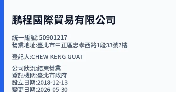 鵬程國際貿易有限公司的照片-統編 50901217(臺北市) 公司登記資料與營業項目詳細圖表