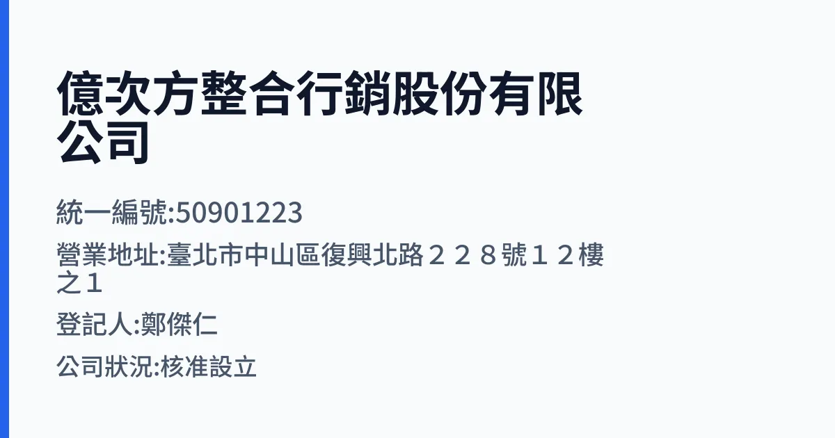 億次方整合行銷股份有限公司 - 統編 50901223(臺北市) 公司登記資料與營業項目詳細圖表