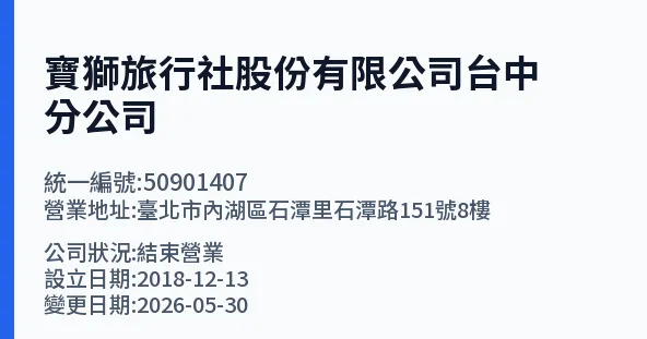 寶獅旅行社股份有限公司台中分公司的照片-統編 50901407(臺北市) 公司登記資料與營業項目詳細圖表