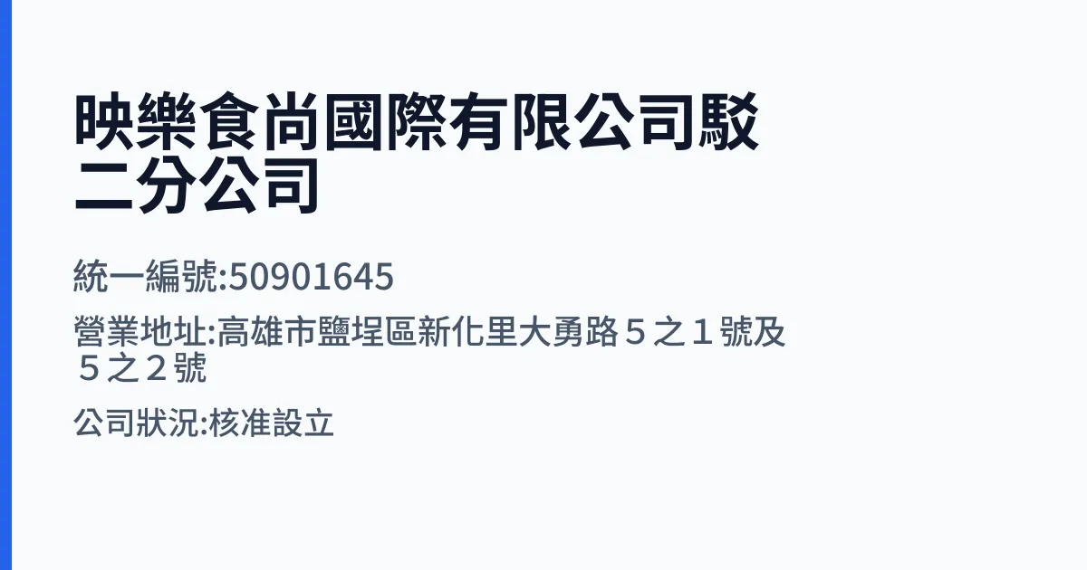 映樂食尚國際有限公司駁二分公司 - 統編 50901645(高雄市) 公司登記資料與營業項目詳細圖表