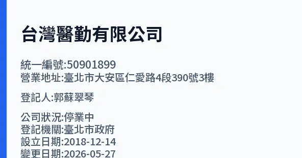 台灣醫勤有限公司的照片-統編 50901899(臺北市) 公司登記資料與營業項目詳細圖表