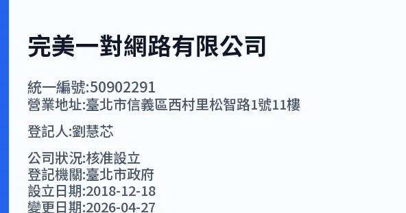 完美一對網路有限公司的照片-統編 50902291(臺北市) 公司登記資料與營業項目詳細圖表