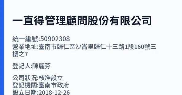 一直得管理顧問股份有限公司的照片-統編 50902308(臺南市) 公司登記資料與營業項目詳細圖表