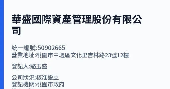 華盛國際資產管理股份有限公司的照片-統編 50902665(桃園市) 公司登記資料與營業項目詳細圖表