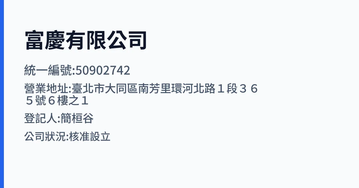 富慶有限公司 - 統編 50902742(臺北市) 公司登記資料與營業項目詳細圖表