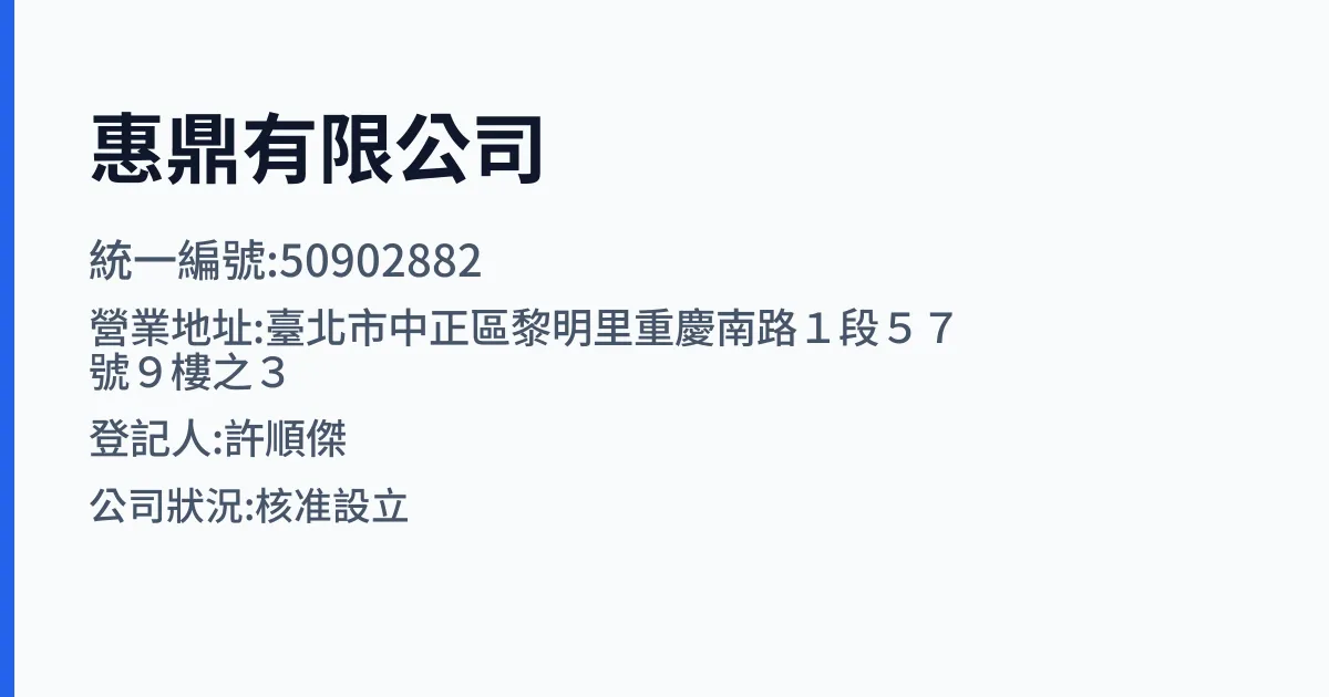 惠鼎有限公司 - 統編 50902882(臺北市) 公司登記資料與營業項目詳細圖表