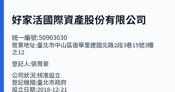 好家活國際資產股份有限公司的照片-統編 50903030(臺北市) 公司登記資料與營業項目詳細圖表