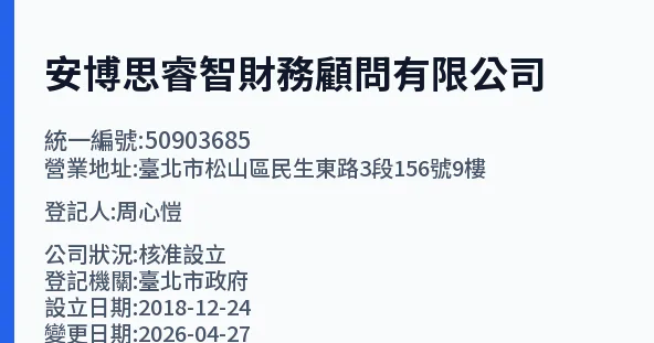 安博思睿智財務顧問有限公司的照片-統編 50903685(臺北市) 公司登記資料與營業項目詳細圖表