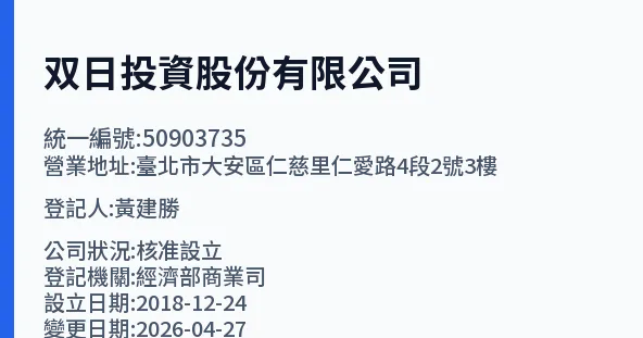 双日投資股份有限公司的照片-統編 50903735(臺北市) 公司登記資料與營業項目詳細圖表