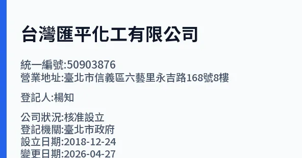 台灣匯平化工有限公司的照片-統編 50903876(臺北市) 公司登記資料與營業項目詳細圖表