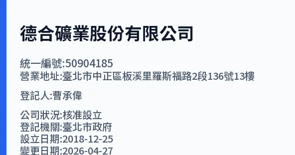 德合礦業股份有限公司的照片-統編 50904185(臺北市) 公司登記資料與營業項目詳細圖表