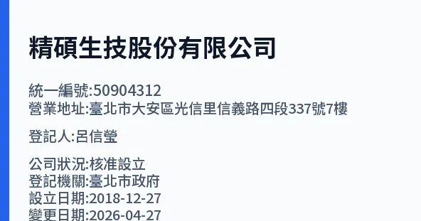 精碩生技股份有限公司的照片-統編 50904312(臺北市) 公司登記資料與營業項目詳細圖表