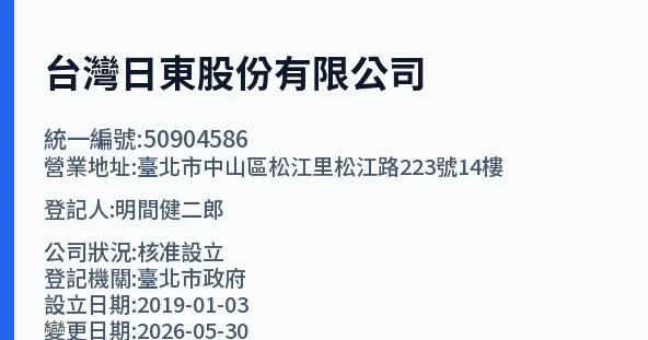 台灣日東股份有限公司的照片-統編 50904586(臺北市) 公司登記資料與營業項目詳細圖表
