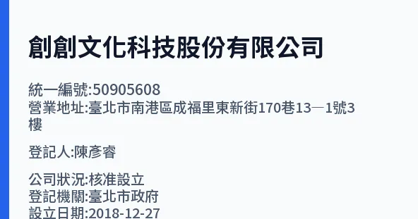 創創文化科技股份有限公司的照片-統編 50905608(臺北市) 公司登記資料與營業項目詳細圖表