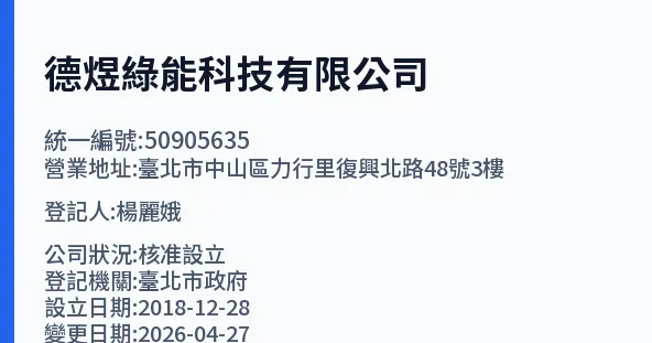德煜綠能科技有限公司的照片-統編 50905635(臺北市) 公司登記資料與營業項目詳細圖表