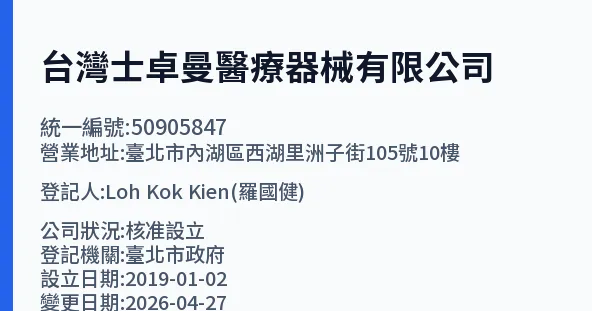 台灣士卓曼醫療器械有限公司的照片-統編 50905847(臺北市) 公司登記資料與營業項目詳細圖表