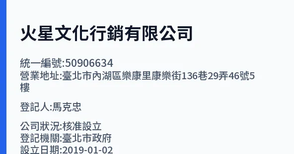 火星文化行銷有限公司的照片-統編 50906634(臺北市) 公司登記資料與營業項目詳細圖表