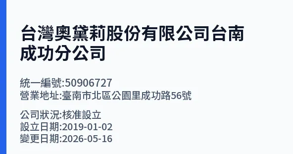 台灣奧黛莉股份有限公司台南成功分公司的照片-統編 50906727(臺南市) 公司登記資料與營業項目詳細圖表