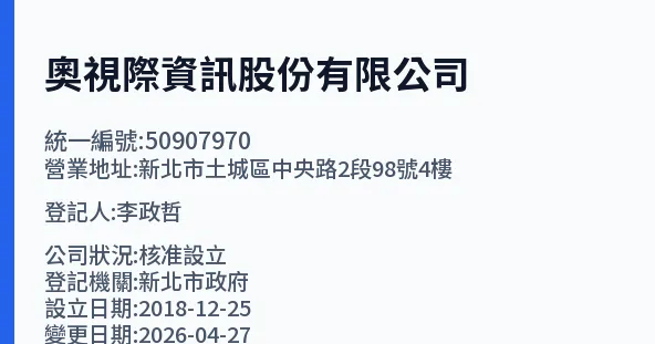 奧視際資訊股份有限公司的照片-統編 50907970(新北市) 公司登記資料與營業項目詳細圖表