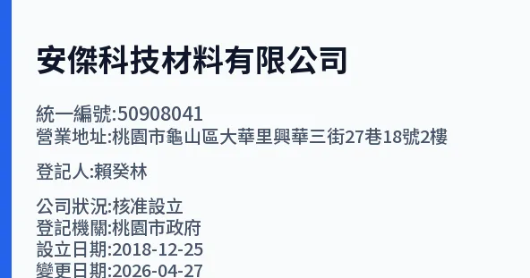 安傑科技材料有限公司的照片-統編 50908041(桃園市) 公司登記資料與營業項目詳細圖表