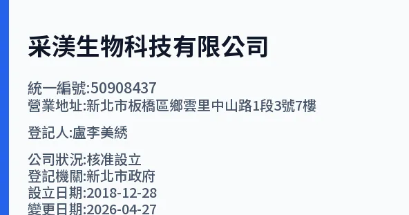 采渼生物科技有限公司的照片-統編 50908437(新北市) 公司登記資料與營業項目詳細圖表