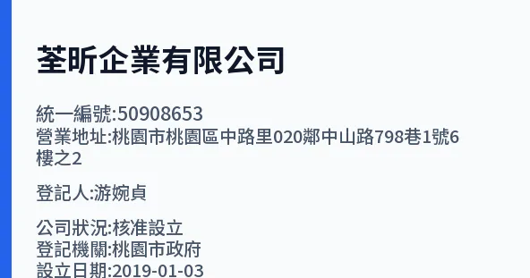 荃昕企業有限公司的照片-統編 50908653(桃園市) 公司登記資料與營業項目詳細圖表