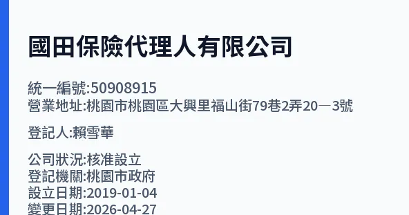 國田保險代理人有限公司的照片-統編 50908915(桃園市) 公司登記資料與營業項目詳細圖表