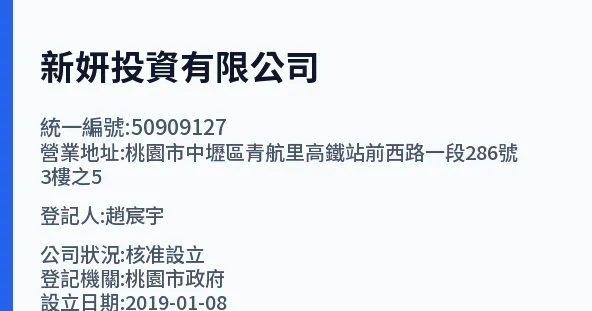 新妍投資有限公司的照片-統編 50909127(桃園市) 公司登記資料與營業項目詳細圖表