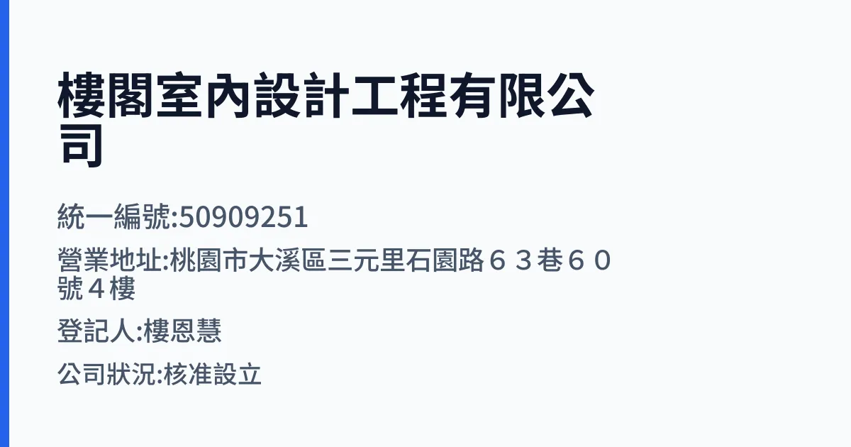 樓閣室內設計工程有限公司 - 統編 50909251(桃園市) 公司登記資料與營業項目詳細圖表